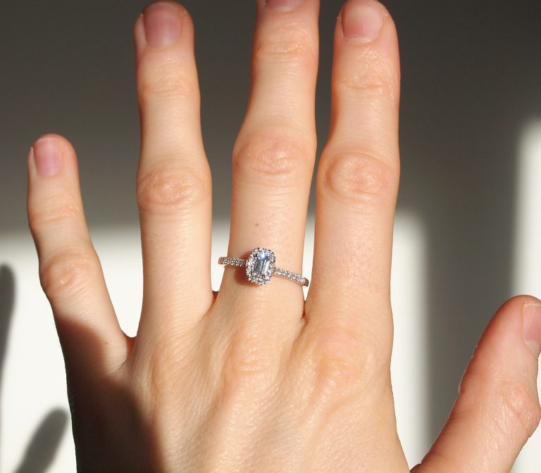 CHARLOTTE – Rectangle Cut Diamond Halo Engagement Ring | | Arah James